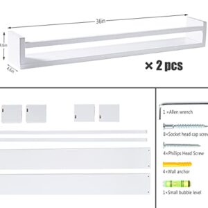 AZSKY Nursery Room Shelves 36 Inch White Floating Bookshelves for Kids Wall Mounted Wood Floating Book Shelf and Picture Ledge for Frames Living Room Decorative Organizer Set of 2