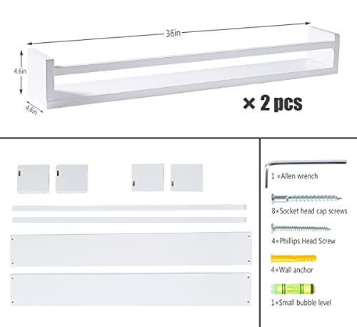 AZSKY Nursery Room Shelves 36 Inch White Floating Bookshelves for Kids Wall Mounted Wood Floating Book Shelf and Picture Ledge for Frames Living Room Decorative Organizer Set of 2