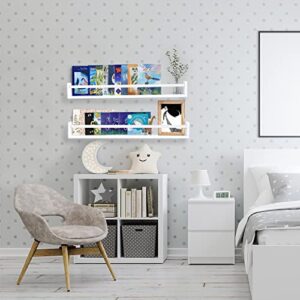 AZSKY Nursery Room Shelves 36 Inch White Floating Bookshelves for Kids Wall Mounted Wood Floating Book Shelf and Picture Ledge for Frames Living Room Decorative Organizer Set of 2