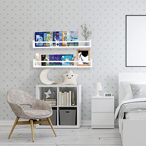 AZSKY Nursery Room Shelves 36 Inch White Floating Bookshelves for Kids Wall Mounted Wood Floating Book Shelf and Picture Ledge for Frames Living Room Decorative Organizer Set of 2