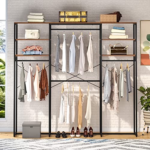 Tribesigns Free Standing Closet Organizer, Heavy-duty Garment Rack with Shelves and Hanging Rods, Large Open Wardrobe Closet for Hanging Clothes (Rustic)