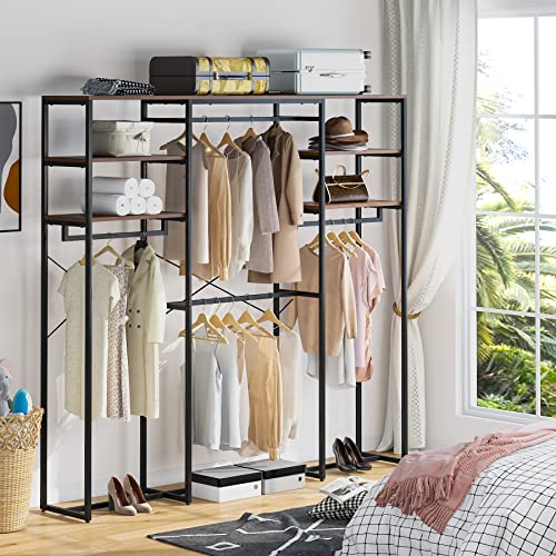 Tribesigns Free Standing Closet Organizer, Heavy-duty Garment Rack with Shelves and Hanging Rods, Large Open Wardrobe Closet for Hanging Clothes (Rustic)