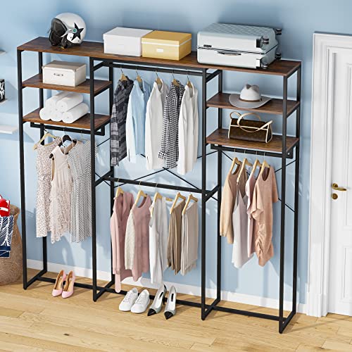 Tribesigns Free Standing Closet Organizer, Heavy-duty Garment Rack with Shelves and Hanging Rods, Large Open Wardrobe Closet for Hanging Clothes (Rustic)