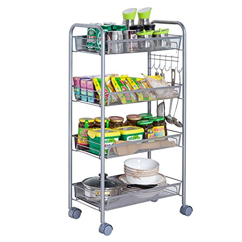 4-Storey Wheeled Office Storage Rack, Kitchen Storage Rack, Bathroom Storage, Suitable for Placing Items in Garage, Kitchen, Food Storage Room and Living Room