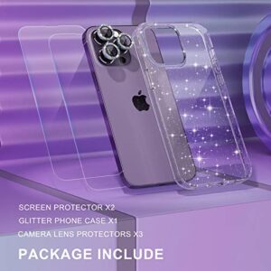 Choiche Compatible for iPhone 14 Pro Max Case Cute, Women Clear Glitter Bling Sparkly Case, [3 x Diamond Camera Lens Protectors] [2 x Tempered Glass Screen Protectors] 6.7-inch (Glitter Clear)