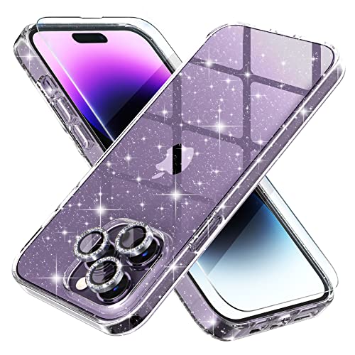 Choiche Compatible for iPhone 14 Pro Max Case Cute, Women Clear Glitter Bling Sparkly Case, [3 x Diamond Camera Lens Protectors] [2 x Tempered Glass Screen Protectors] 6.7-inch (Glitter Clear)