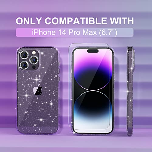 Choiche Compatible for iPhone 14 Pro Max Case Cute, Women Clear Glitter Bling Sparkly Case, [3 x Diamond Camera Lens Protectors] [2 x Tempered Glass Screen Protectors] 6.7-inch (Glitter Clear)