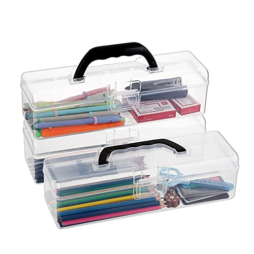 BTSKY 3 Pack Long Plastic Pencil Box Portable Clear Home Utility Boxes with Black Handle Stationery Storage Organizer Painting Tool Storage Container for Pencils Markers Sticky-Notes Craft Supplies