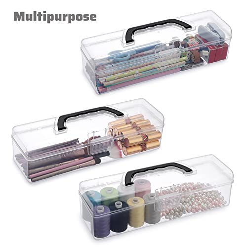 BTSKY 3 Pack Long Plastic Pencil Box Portable Clear Home Utility Boxes with Black Handle Stationery Storage Organizer Painting Tool Storage Container for Pencils Markers Sticky-Notes Craft Supplies