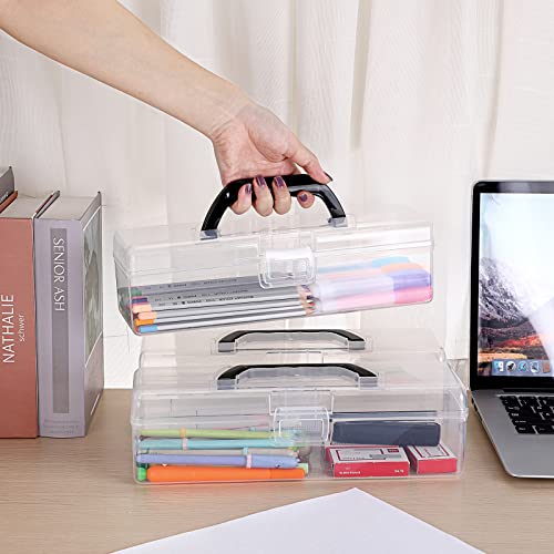 BTSKY 3 Pack Long Plastic Pencil Box Portable Clear Home Utility Boxes with Black Handle Stationery Storage Organizer Painting Tool Storage Container for Pencils Markers Sticky-Notes Craft Supplies