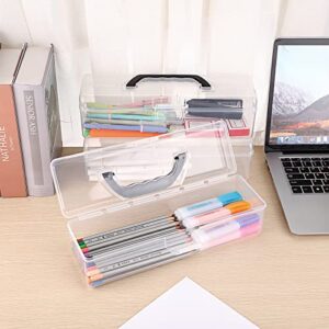 BTSKY 3 Pack Long Plastic Pencil Box Portable Clear Home Utility Boxes with Black Handle Stationery Storage Organizer Painting Tool Storage Container for Pencils Markers Sticky-Notes Craft Supplies