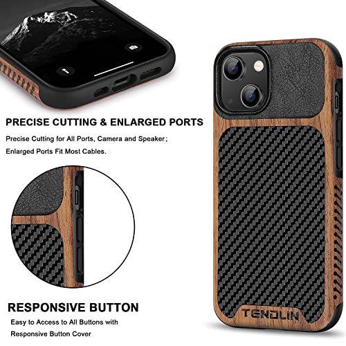 TENDLIN Compatible with iPhone 14 Case Wood Grain with Carbon Fiber Texture Design Leather Hybrid Slim Case Black