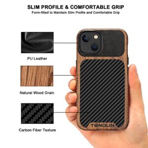 TENDLIN Compatible with iPhone 14 Case Wood Grain with Carbon Fiber Texture Design Leather Hybrid Slim Case Black