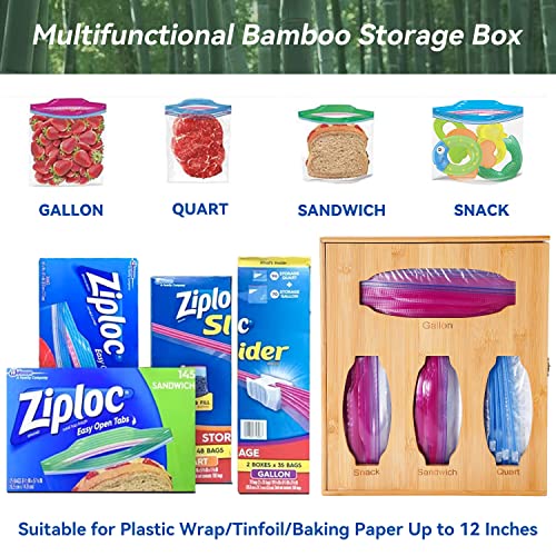 Ziplock Bag Organizer, Bamboo Expandable Plastic Stretch Film Dispenser Organizer for Gallon, Quart, Sandwich, Snack Bags, Food Storage Bag Organizer for Kitchen Drawer Fit 13'' Roll Variety Size Bags