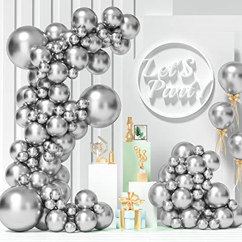 ZOPIBAICO Silver Metallic Chrome Latex Balloon Garland Kit, 101PCS 18In 12In 10In 5In Arch Garland For Baby Shower,Picnic,Wedding, Anniversary Celebration Decoration With 33FT Ribbon