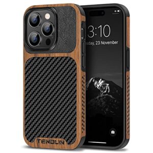 tendlin compatible with iphone 14 pro max case wood grain with carbon fiber texture design leather hybrid slim case black