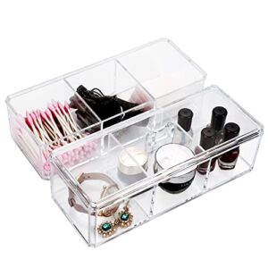 BTSKY Clear Acrylic 6 Section Organizer, Rectangular Stackable Organizer with Lid, Multi-Sectional Drawer Tray Storage Organizer Box Containers for Makeup Vanity Office Bathroom and Kitchen