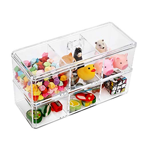 BTSKY Clear Acrylic 6 Section Organizer, Rectangular Stackable Organizer with Lid, Multi-Sectional Drawer Tray Storage Organizer Box Containers for Makeup Vanity Office Bathroom and Kitchen