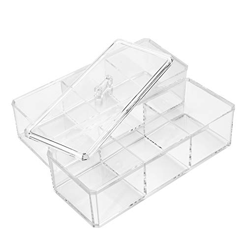 BTSKY Clear Acrylic 6 Section Organizer, Rectangular Stackable Organizer with Lid, Multi-Sectional Drawer Tray Storage Organizer Box Containers for Makeup Vanity Office Bathroom and Kitchen