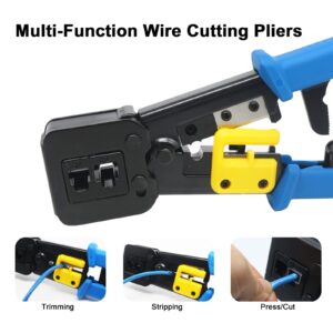 YIOVVOM Pass Through RJ45 Crimp Tool / Wire Stripper / Wire Cutter for RJ11/RJ12 Standard, RJ45 Pass-Thru Connectors (Blue Wire Stripper)