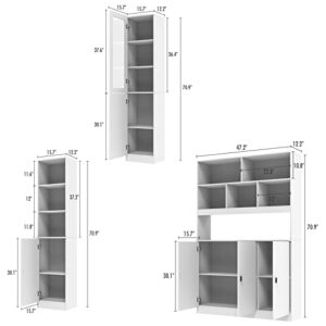 AIEGLE Large Storage Cabinet Set 3-pc, Kitchen Hutch Storage Cabinet Set, Sideboard Buffet Kitchen Cupboard with Multi Shelf & Glass Door, White (78.6" W x 12.7" D x 70.9" H)