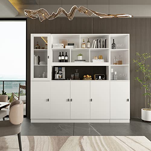 AIEGLE Large Storage Cabinet Set 3-pc, Kitchen Hutch Storage Cabinet Set, Sideboard Buffet Kitchen Cupboard with Multi Shelf & Glass Door, White (78.6" W x 12.7" D x 70.9" H)