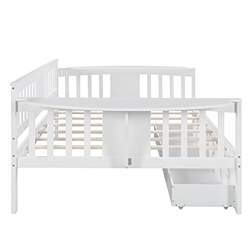 DNYN Full Size Daybed with Two Storage Drawers & Half-Moon Desk Design,Solid Pinewood Bedframe w/Safety Guardrails,Perfect for Dorm,Bedroom,Guest Room,Space-Saving,No Box Spring Needed, White