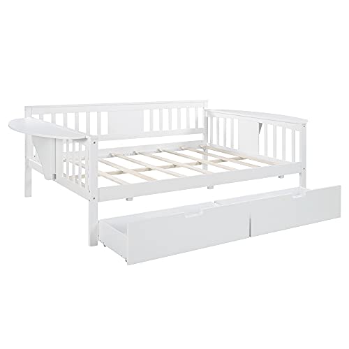 DNYN Full Size Daybed with Two Storage Drawers & Half-Moon Desk Design,Solid Pinewood Bedframe w/Safety Guardrails,Perfect for Dorm,Bedroom,Guest Room,Space-Saving,No Box Spring Needed, White