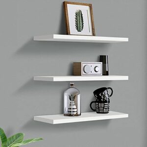 senyan white floating wall shelves set of 3 wall mounted wood white shelf modern storage floating wall shelf set with invisible brackets for bathroom, bedroom, living room, kitchen, office