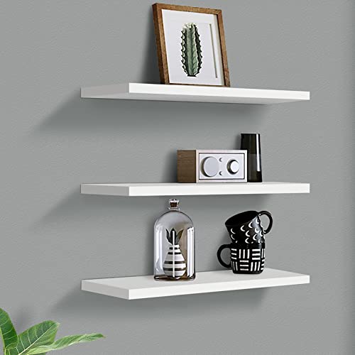 SENYAN White Floating Wall Shelves Set of 3 Wall Mounted Wood White Shelf Modern Storage Floating Wall Shelf Set with Invisible Brackets for Bathroom, Bedroom, Living Room, Kitchen, Office