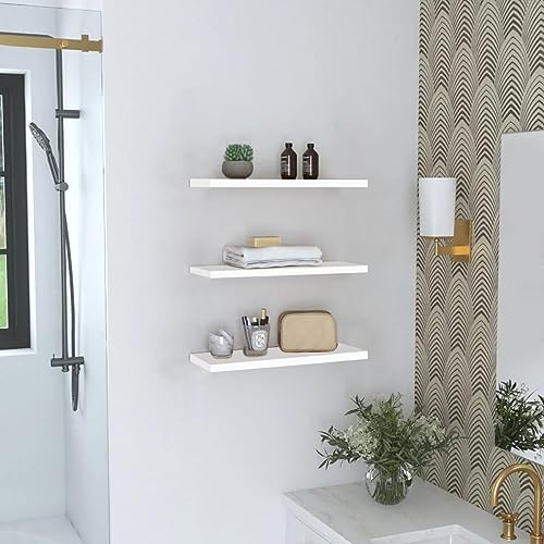 SENYAN White Floating Wall Shelves Set of 3 Wall Mounted Wood White Shelf Modern Storage Floating Wall Shelf Set with Invisible Brackets for Bathroom, Bedroom, Living Room, Kitchen, Office