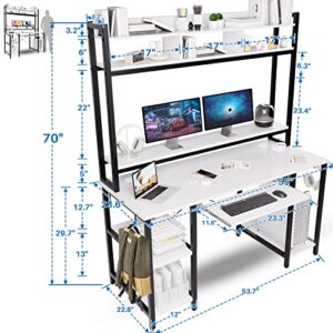 Computer Desk with Hutch Bookshelves, Storage Shelves, Keyboard Tray, Home Office Study Work Desk 53 inch Width, 70 inch High