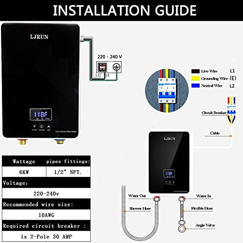 LJRUN Instant Electric Water Heater 240V, 6kW Tankless Water Heater for Kitchen Bathroom with Self Modulating Technology. (Black)