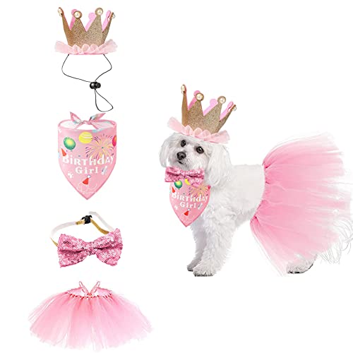 Mitili Dog Birthday Party Decorations - Pet Girl Pink Princess Style, Dog Birthday Triangle Bandana Crown Hat Tutu Scarf Collar Bow Happy Birthday for Pet Dog House Cat (4-Pack)