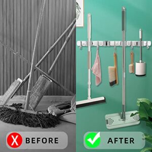 2 Pack Mop and Broom Holder Wall Mount, broom and mop organizer wall hanging, Stainless Steel Broom Hanger, Heavy Duty Mop Holder for Home, Kitchen, Laundry Room, Garage (4 Racks 5 hooks, silver)