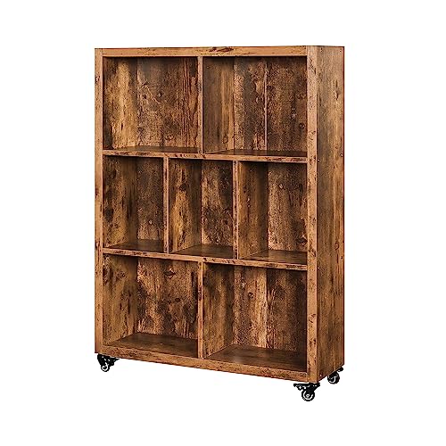 FUSUNBAO 7-Cube Style Bookshelf with Wheels Frame Industrial Style Book Storage Organizer Bookcase Floor Standing Fixed Shelves，Display Shelves Cabinet for Living Room/Bedroom/Office