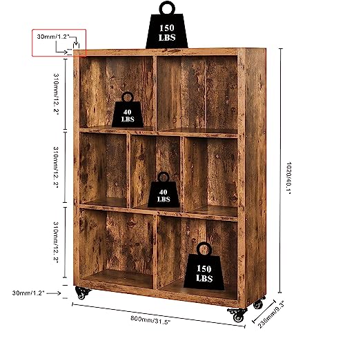 FUSUNBAO 7-Cube Style Bookshelf with Wheels Frame Industrial Style Book Storage Organizer Bookcase Floor Standing Fixed Shelves，Display Shelves Cabinet for Living Room/Bedroom/Office