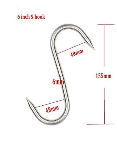 JY-MARINE Meat Hooks Stainless Steel S Hooks Metal Hangers Hanging Hooks for Kitchen, Work Shop, Bathroom, Garden (6 inch)