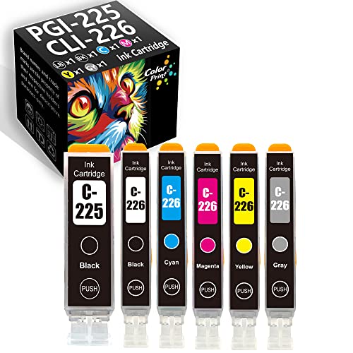 (6-Pack, Included Gray) ColorPrint Compatible PGI225 CLI226 Ink Cartridge 225 226 Replacement for Canon PGI-225 CLI-226 GY Used for MG6120 MG6220 MG8120 MG8120B MG8220 Inkjet Laser Printer, 2x2x2