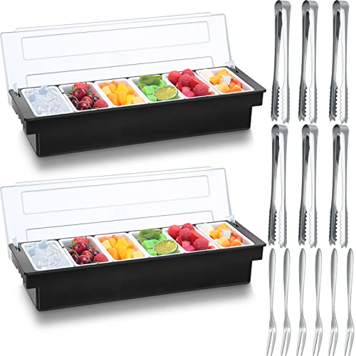 2 Pack Ice Cooled Garnish Tray Deck Bar Garnish Caddy Condiment Containers with Lids and Removable Chilled Condiment Server with 6 Tongs and 6 Fruit Forks for Home Work or Restaurant