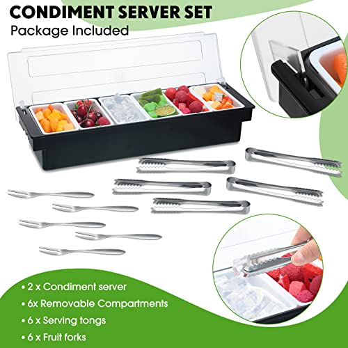 2 Pack Ice Cooled Garnish Tray Deck Bar Garnish Caddy Condiment Containers with Lids and Removable Chilled Condiment Server with 6 Tongs and 6 Fruit Forks for Home Work or Restaurant