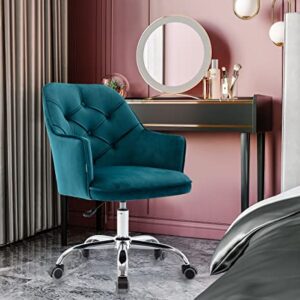 Yoluckea Modern Velvet Home Office Chair, Adjustable Swivel Office Chair for Living Room, Cute Desk Chair for Adult Teen, Upholstered Task Chair Accent Chair Executive Chair Vanity Desk Chair (Teal)