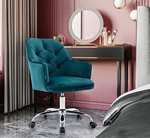 Yoluckea Modern Velvet Home Office Chair, Adjustable Swivel Office Chair for Living Room, Cute Desk Chair for Adult Teen, Upholstered Task Chair Accent Chair Executive Chair Vanity Desk Chair (Teal)