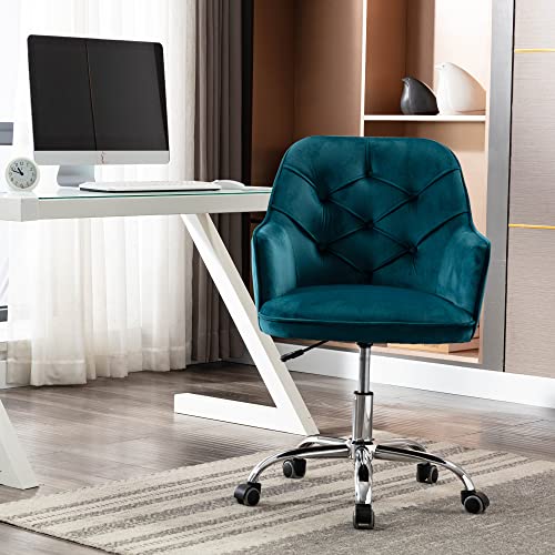 Yoluckea Modern Velvet Home Office Chair, Adjustable Swivel Office Chair for Living Room, Cute Desk Chair for Adult Teen, Upholstered Task Chair Accent Chair Executive Chair Vanity Desk Chair (Teal)