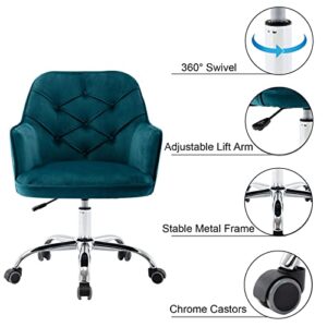 Yoluckea Modern Velvet Home Office Chair, Adjustable Swivel Office Chair for Living Room, Cute Desk Chair for Adult Teen, Upholstered Task Chair Accent Chair Executive Chair Vanity Desk Chair (Teal)