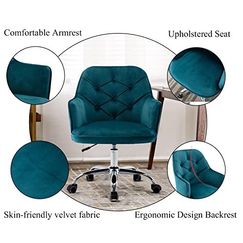 Yoluckea Modern Velvet Home Office Chair, Adjustable Swivel Office Chair for Living Room, Cute Desk Chair for Adult Teen, Upholstered Task Chair Accent Chair Executive Chair Vanity Desk Chair (Teal)