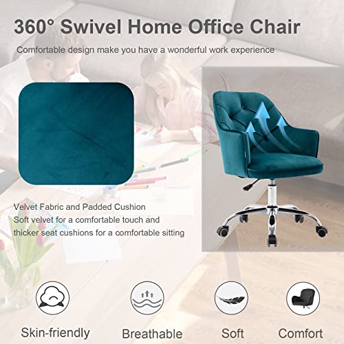 Yoluckea Modern Velvet Home Office Chair, Adjustable Swivel Office Chair for Living Room, Cute Desk Chair for Adult Teen, Upholstered Task Chair Accent Chair Executive Chair Vanity Desk Chair (Teal)