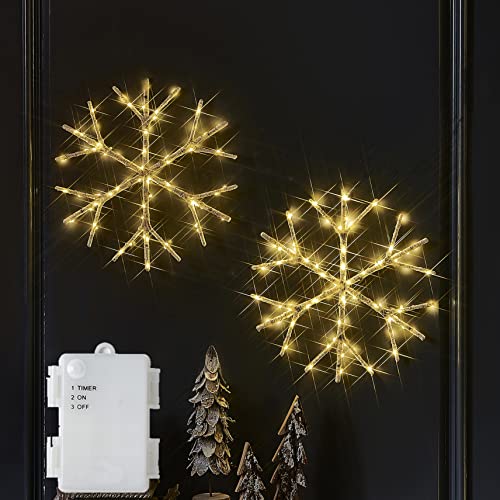 LITBLOOM Lighted Snowflake 2 Pack 70 Fairy Lights 14IN Battery Operated with Timer for Window Christmas Decoration Indoor Outdoor