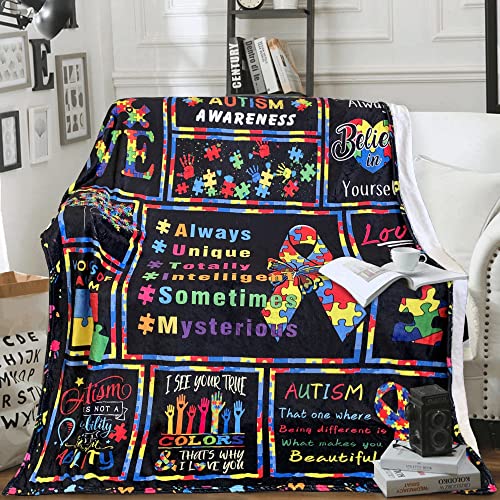 Autism Blanket Puzzle Cure Awareness Flannel Throw Gift for Childs Teens Adults Super Soft Lightweight Breathable Bed Sofa Couch Meaningful Colorful Foldable Unisex 100x130 Black 40x50