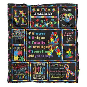 Autism Blanket Puzzle Cure Awareness Flannel Throw Gift for Childs Teens Adults Super Soft Lightweight Breathable Bed Sofa Couch Meaningful Colorful Foldable Unisex 100x130 Black 40x50